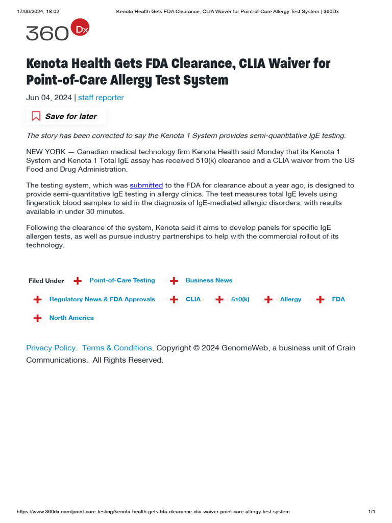 Kenota Health Gets FDA Clearance, CLIA Waiver For Point-of-Care Allergy ...