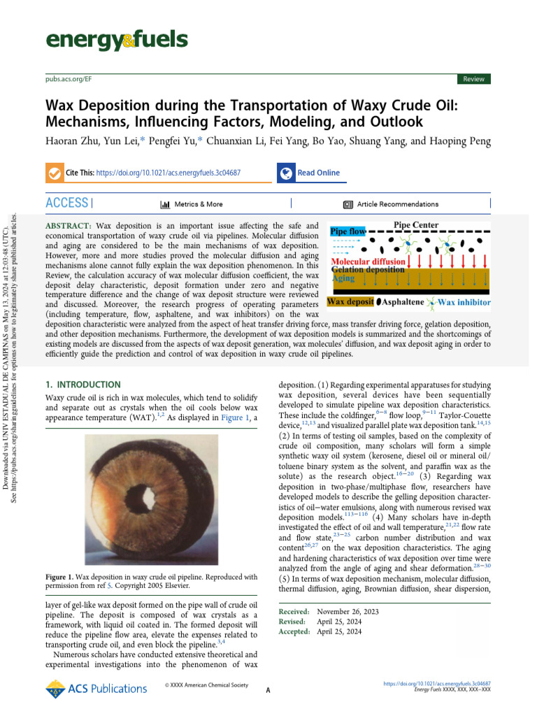 Zhu Et Al 2024 Wax Deposition During The Transportation of Waxy Crude ...