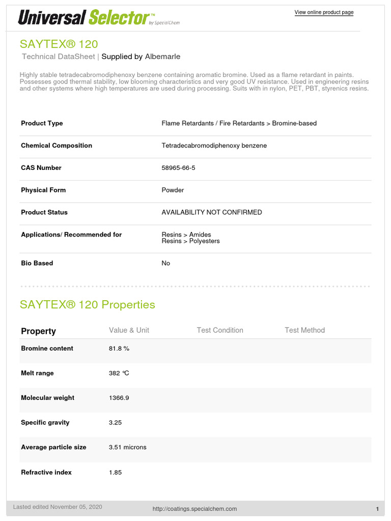 SAYTEX® 120 - Albemarle | PDF | Polyester | Chemical Substances
