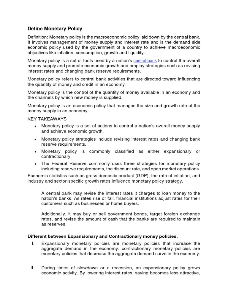 Define Monetary Policy | PDF | Macroeconomics | Monetary Policy