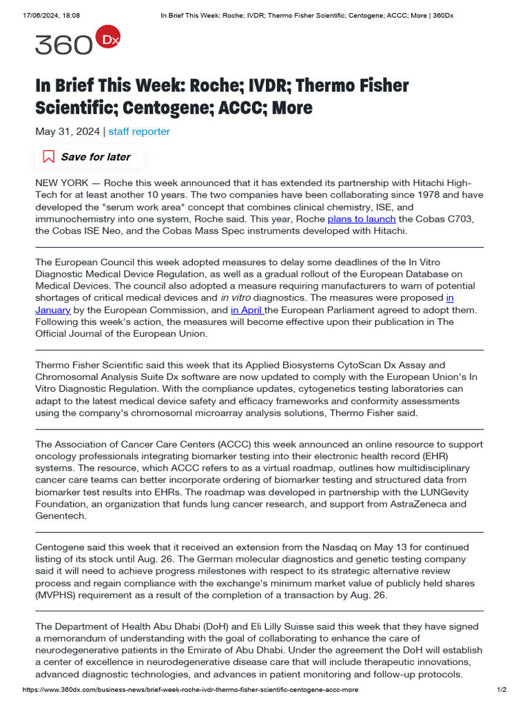 In Brief This Week - Roche IVDR Thermo Fisher Scientific Centogene ACCC ...