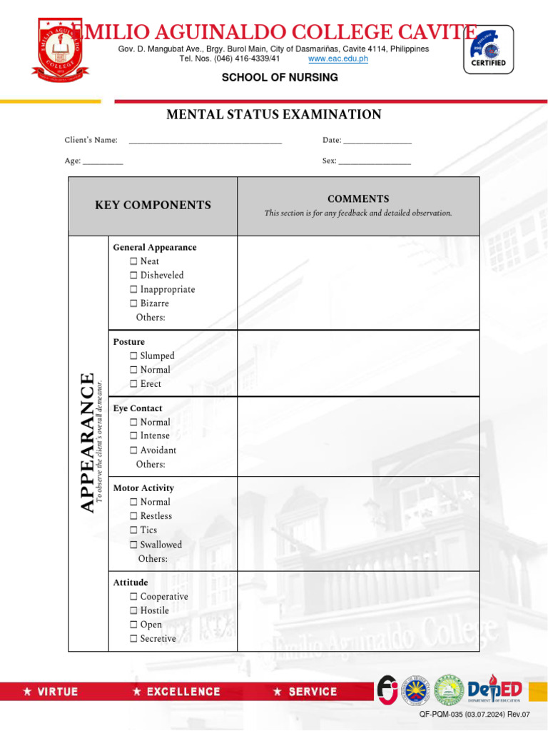 Mental Status Examination (Form) by Mary Ann Paloma | PDF | Emotions ...