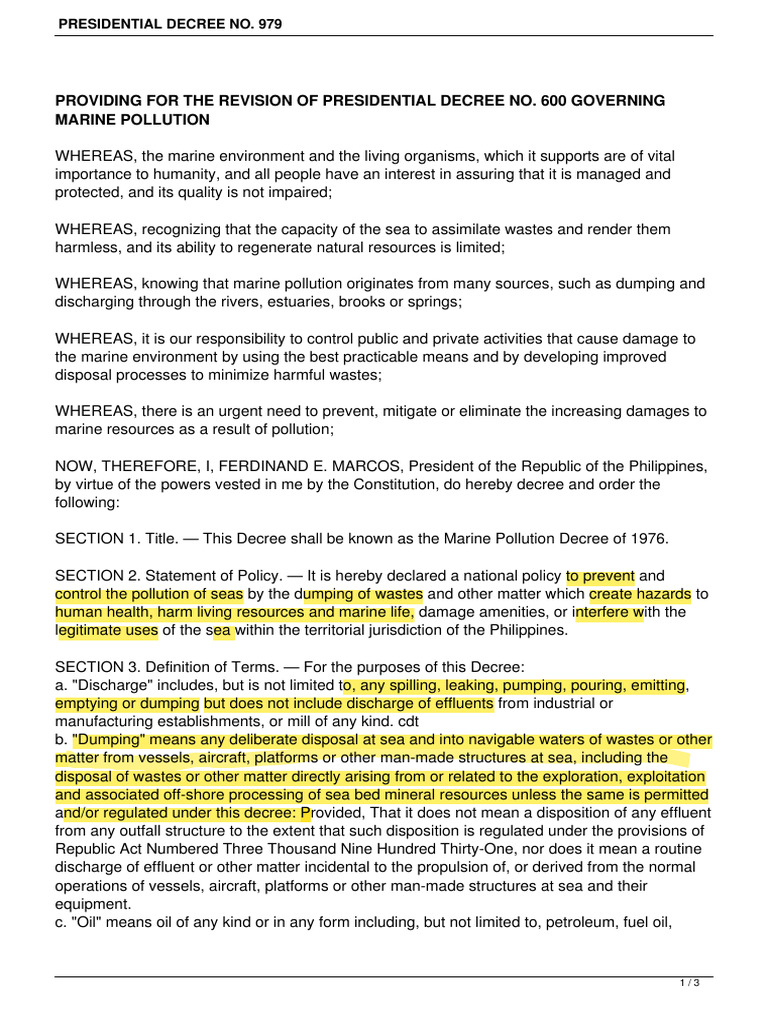 PD No. 979 - Marine Pollution Decree 1976 | PDF | Water | Waste