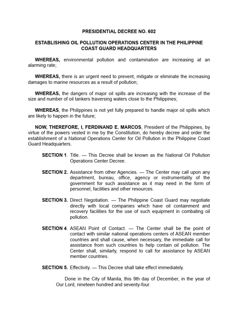 PD No. 602 - National Oil Pollution Operations Center Decree | PDF | Technology & Engineering