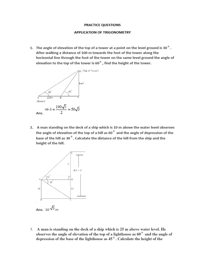 Trigonometry Application Practice Worksheet | PDF | Science & Mathematics