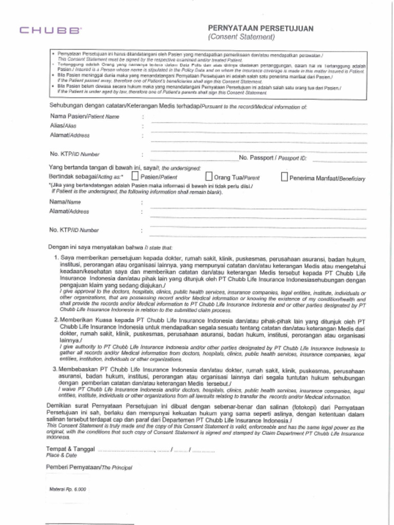 00 CHUBB - Form Klaim Nasabah + Dokter + Persetujuan Claim | PDF