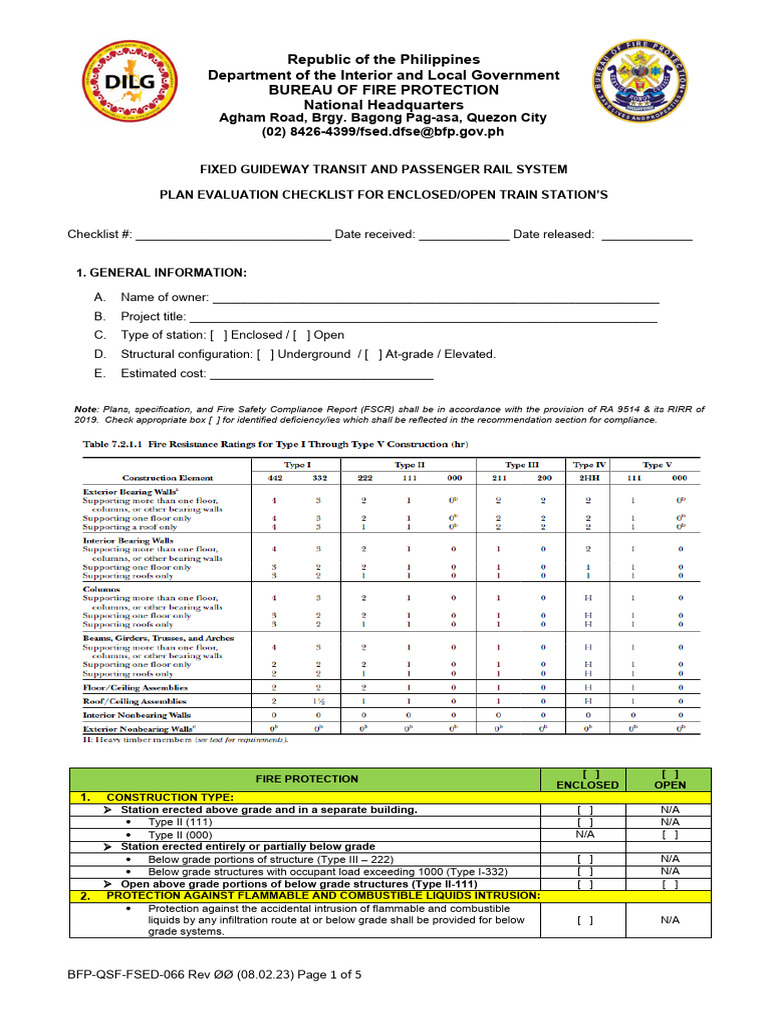 FSED 66F Plan Evaluation Checklist For Enclosed Open Train Stations ...