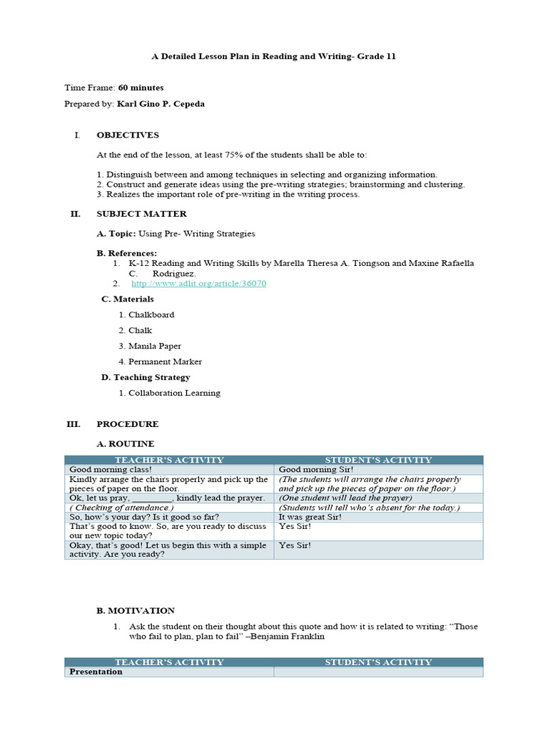 (ENGL 4) A Detailed Lesson Plan in Reading and Writing - Cepeda, Karl Gino P. - 112241 | PDF ...