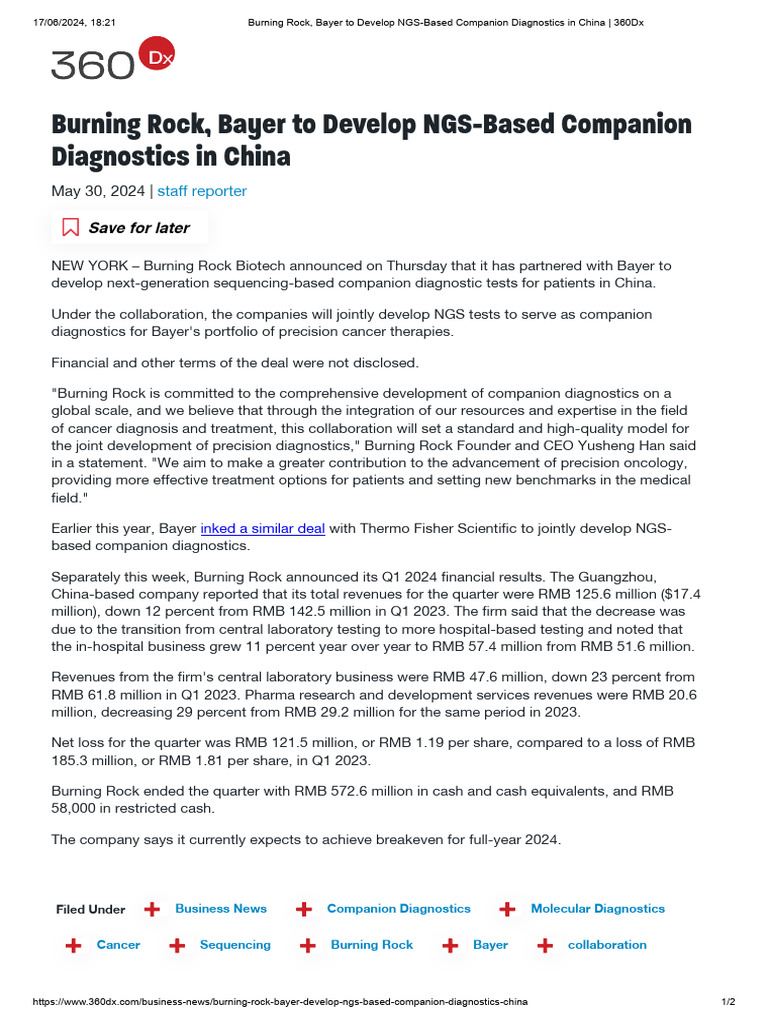 Burning Rock, Bayer To Develop NGS-Based Companion Diagnostics in China ... Burning Rock, Bayer To Develop NGS-Based Companion Diagnostics in China ...