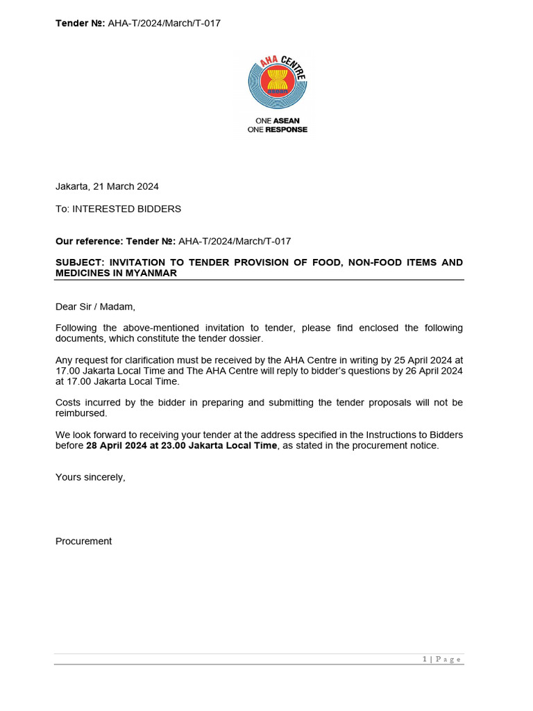 Tender Dossier Provision of Food Non Food and Medicines Items in ...