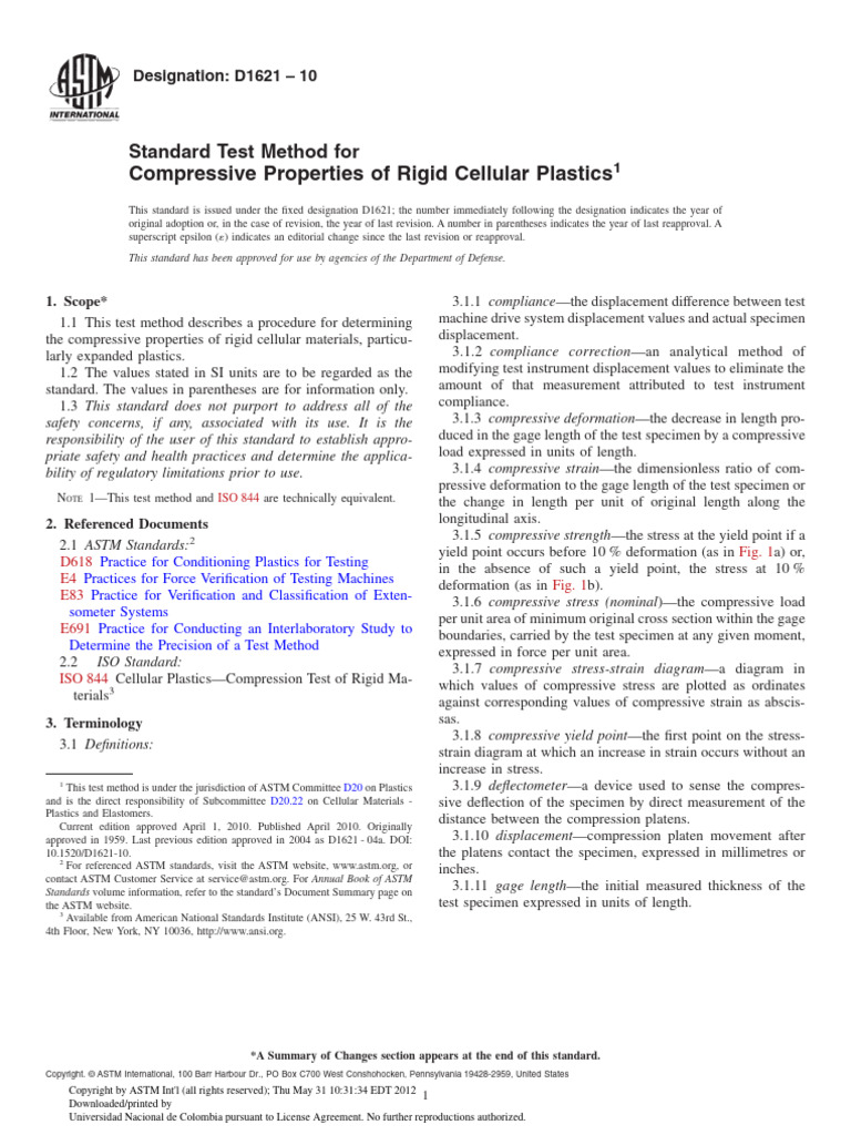 ASTM D1621 | PDF | Deformation (Engineering) | Strength Of Materials