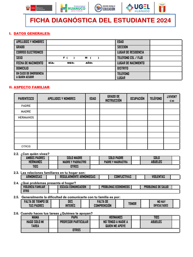 FICHA DIAGNOSTICA DEL ESTUDIANTE-2024 | PDF | Conceptos psicologicos