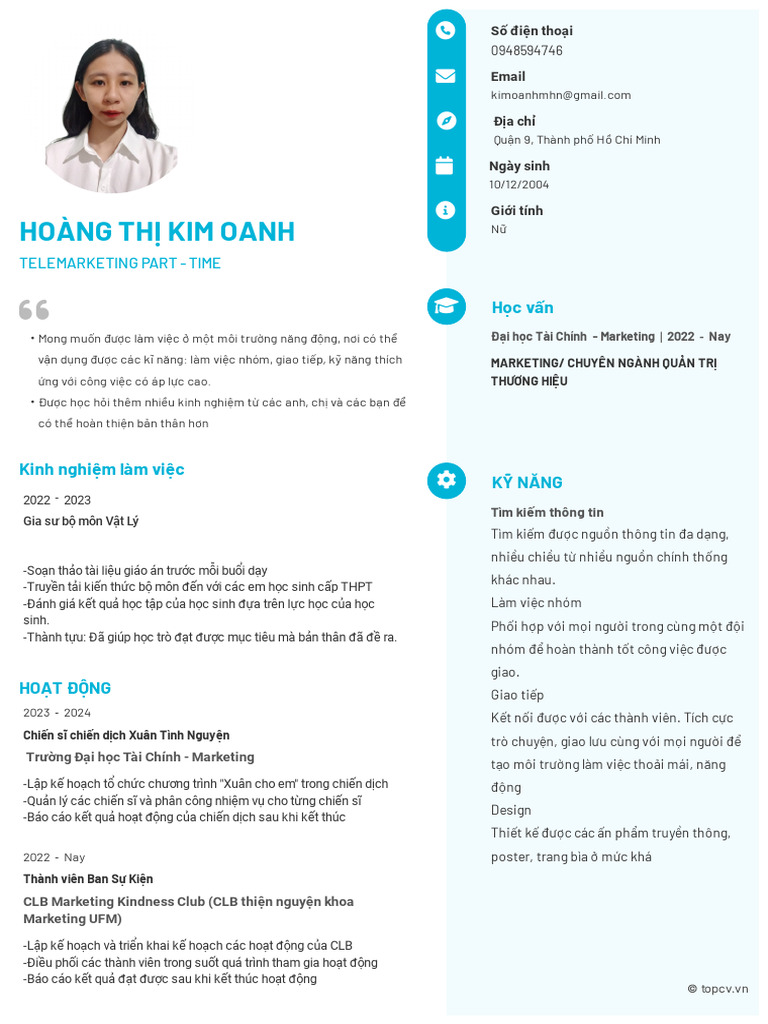 CV Hoàng Thị Kim Oanh - CV TELEMARKETING | PDF