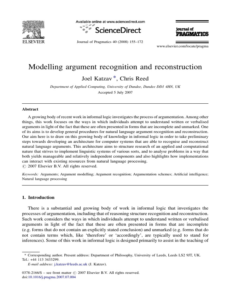 KATZAV Joel REED Chris 2008 Modelling Argument Recognition and Reconstruction | PDF | Argument ...