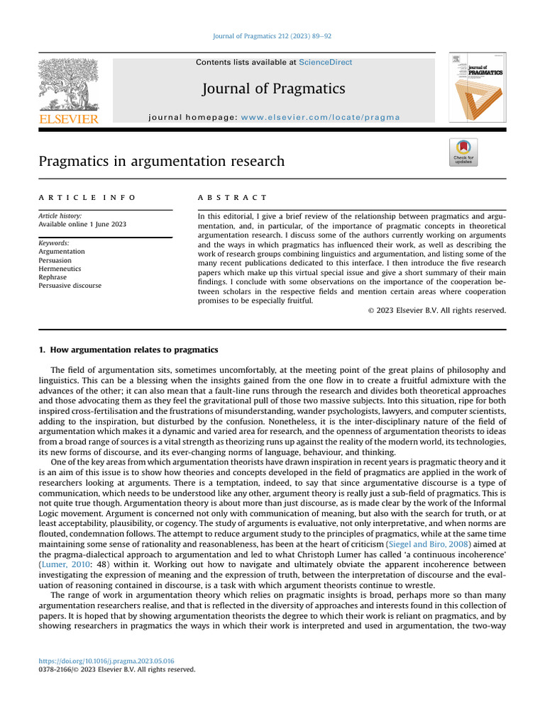 HINTON, Martin 2023 Pragmatics in Argumentation Research | PDF ...