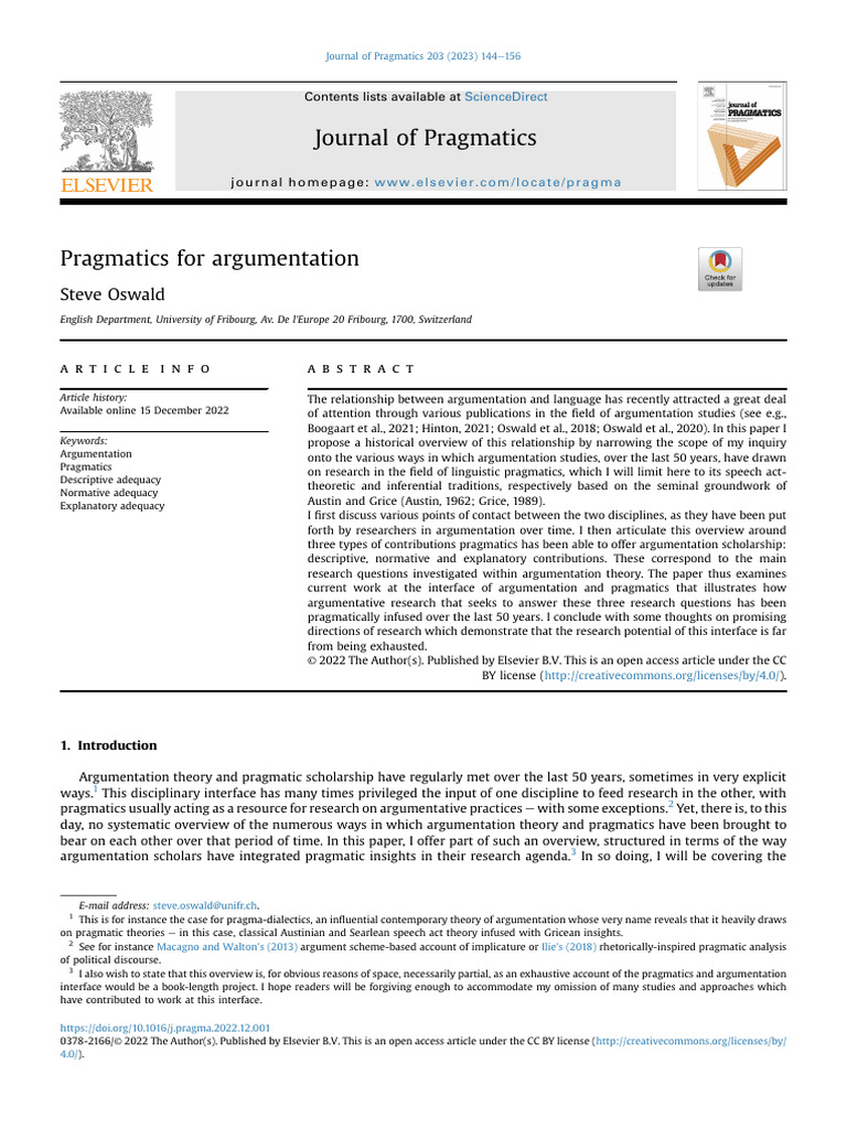OSWALD Steve 2022 Pragmatics For Argumentation | PDF | Argumentation Theory | Rhetoric