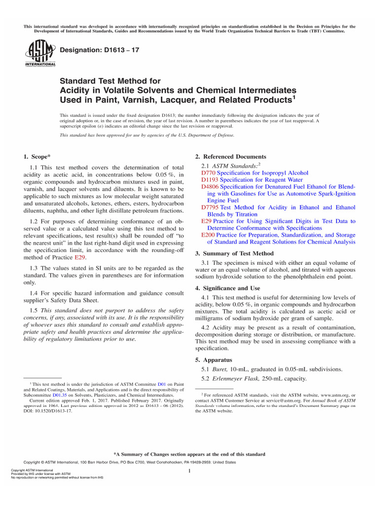 D1613, Standard Test Method For Acidity in Volatile Solvents and ...