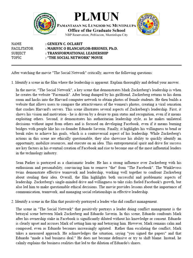 THE SOCIAL NETWORK MOVIE Transformational Leadership. OCLARIT, GENILYN | PDF | Mark Zuckerberg ...