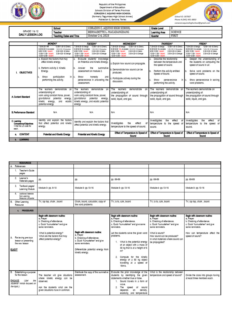 WLP SCIENCE 8 - October2 6 | PDF | Sound | Kinetic Energy