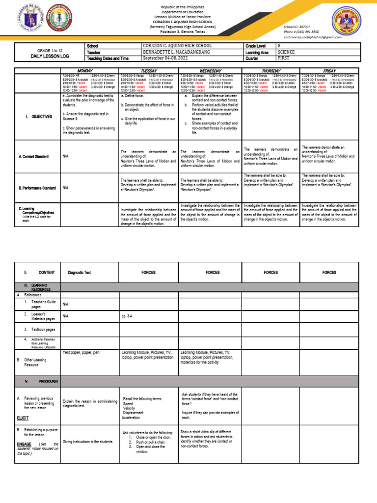 WLP SCIENCE 8 - September4 8 | PDF | Force | Learning