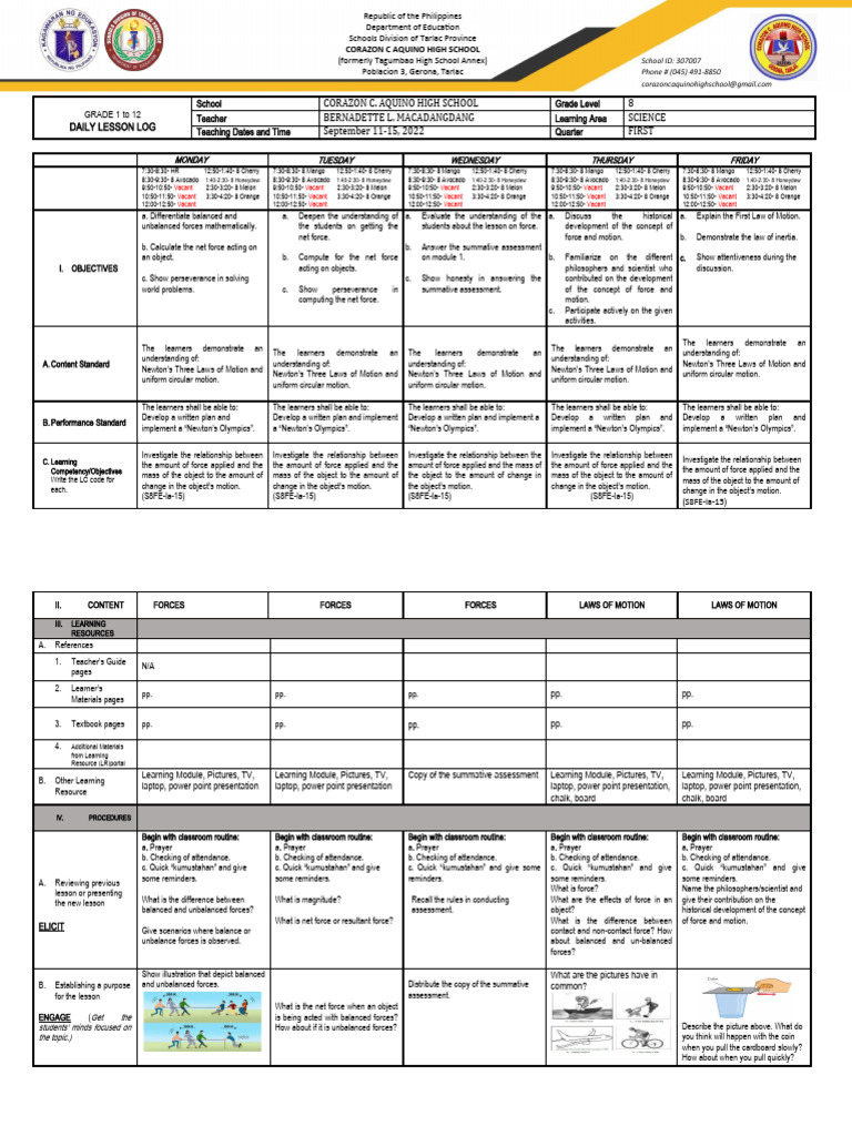 WLP SCIENCE 8 - September11 15 | PDF | Force | Newton's Laws Of Motion