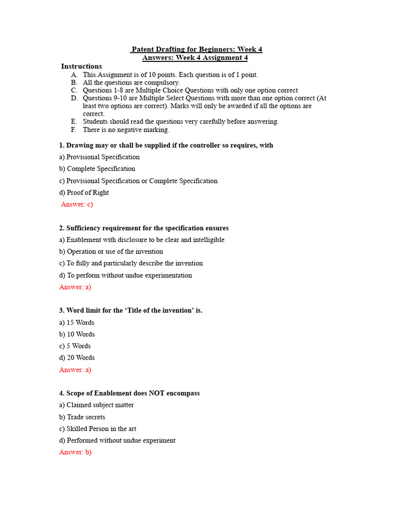 Week 4 Patent Drafting Assignment Answers | PDF | Patent | Business Law