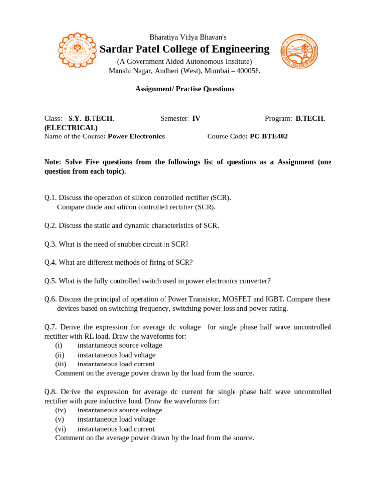 Power Electronics Assignment Questions | PDF | Power Inverter | Rectifier