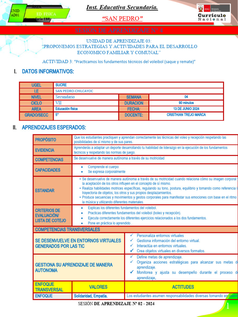 1º EE - FF. SES 4 UNI 2 SEM 03 - 2023 Voleibol - 1 y 2 | PDF | Aprendizaje | Vóleibol