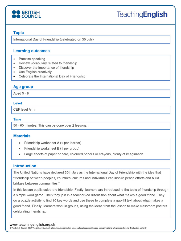 Friendship Lesson Plan for Kids | PDF | Behavior Modification | Cognition