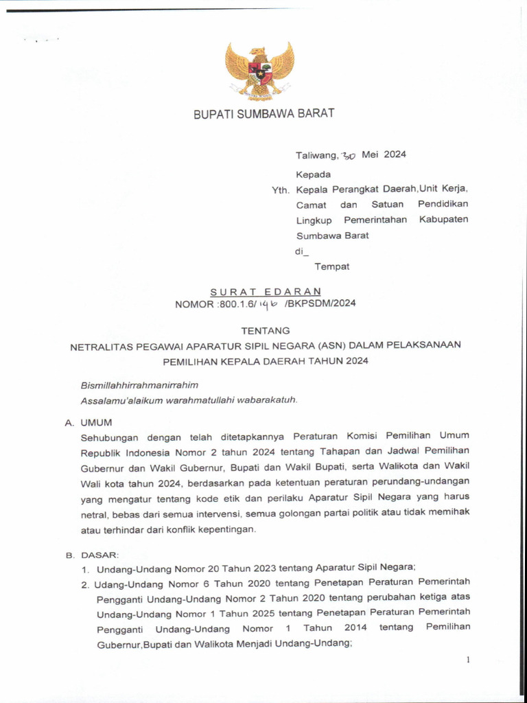Surat Edaran Netralitas Asn Dalam Pelaksanaan Pemilihan Kepala Daerah Tahun 2024 | PDF