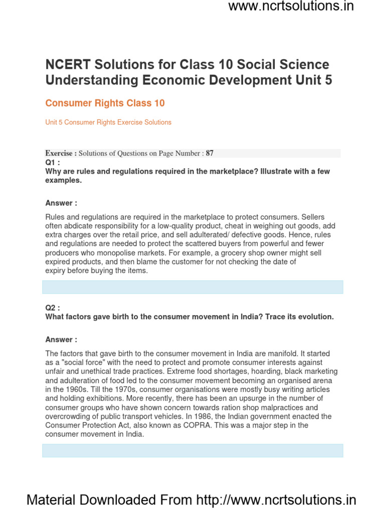 NCERT Solutions For Class 10 Social Science Understanding Economic Development Unit 5 | PDF ...