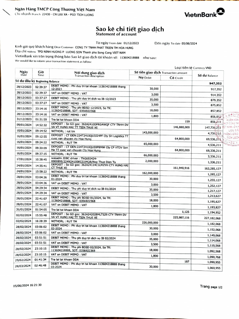VietinBank Transaction Statement 2023-2024 | PDF | Vietnam