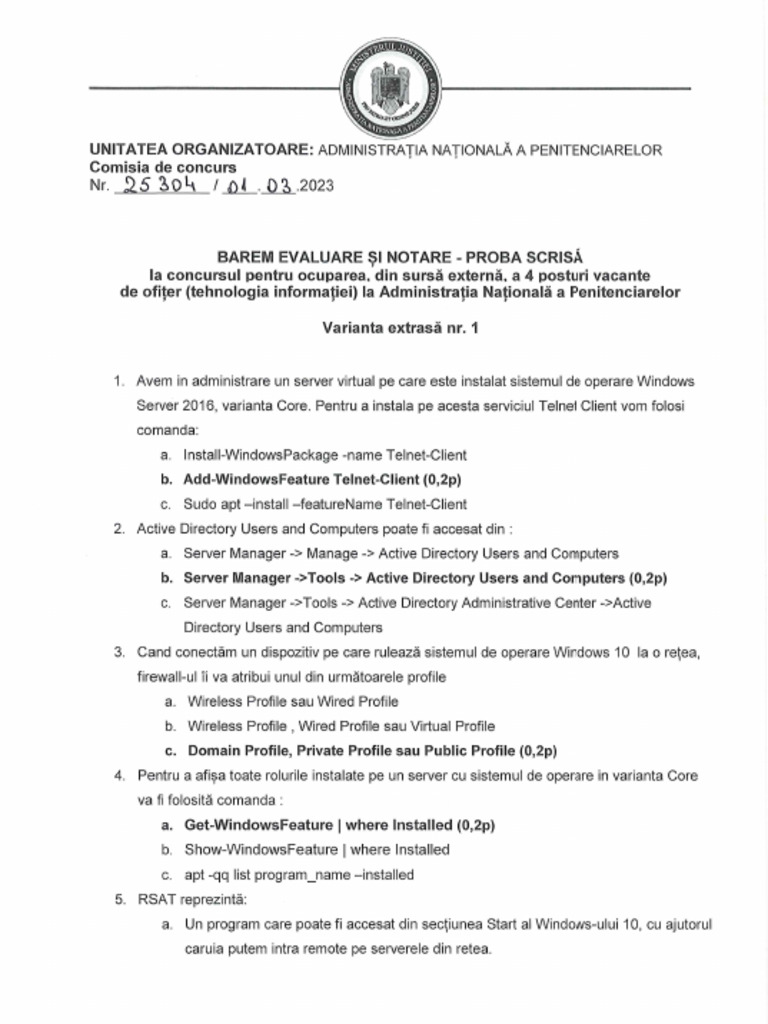 Barem de Evaluare Si Notare Proba Scrisa | PDF