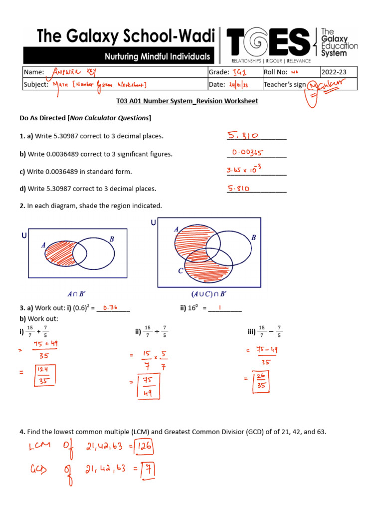 T03 A01 Number System-Revision Worksheet | PDF | Arithmetic
