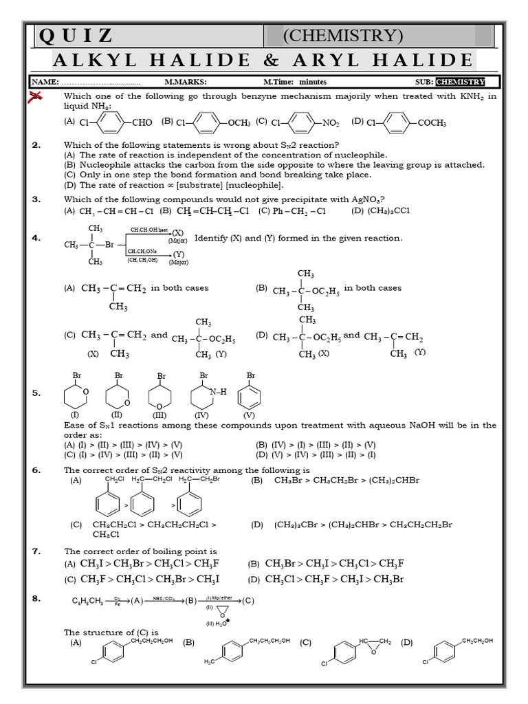 Quiz Alkyl Halide Mks 01 | PDF | Methyl Group | Chemical Reactions