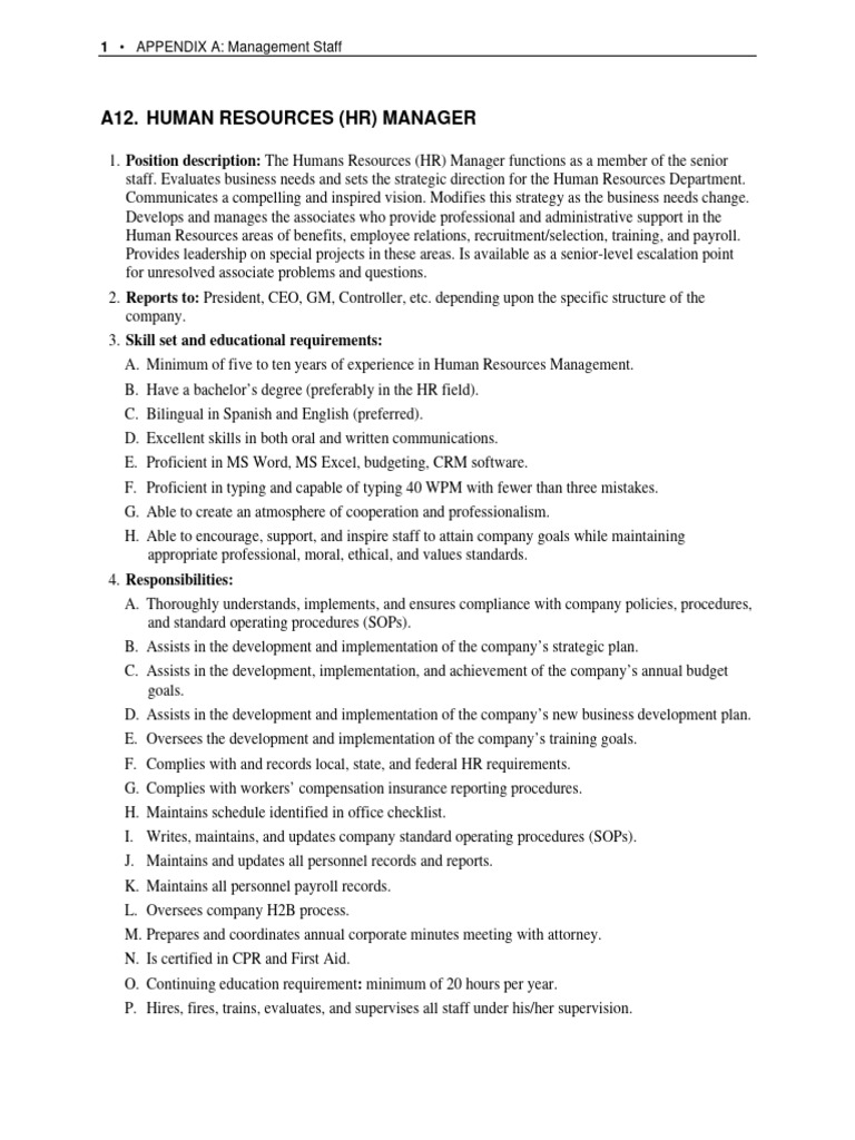 Human Resources (HR) Manager Job Description | PDF | Human Resources ...
