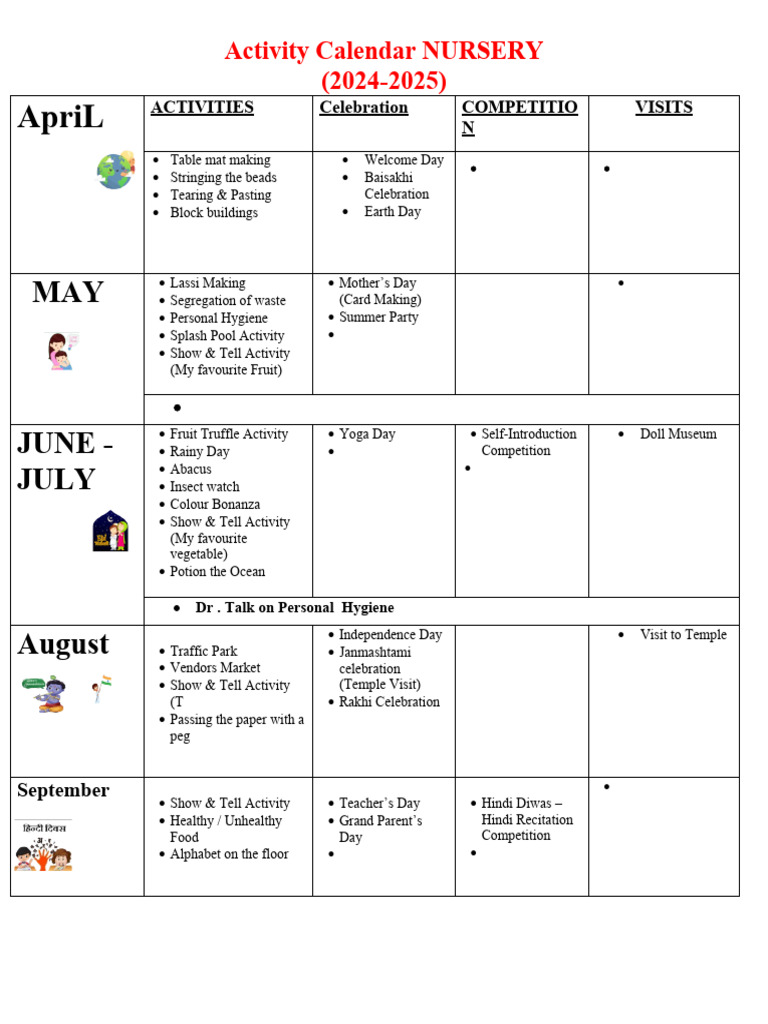 Activity Calendar Kindergarten 2024-25 | PDF | Religious Holidays | Festival