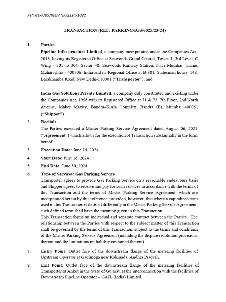 PARKING AGREEMENT - TRANSACTION-001 - 1032 - IGS - Upto 30 June, 2024 IGS GJ Billing | PDF ...