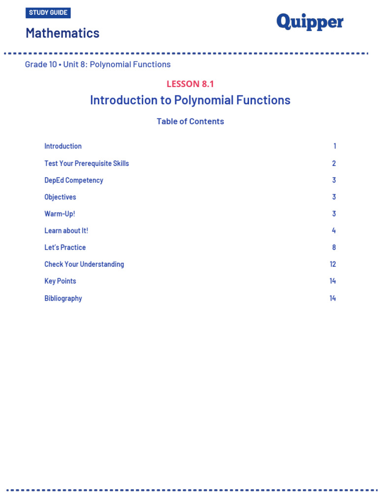 ME Math 10 Q2 0801 SG | PDF | Function (Mathematics) | Polynomial