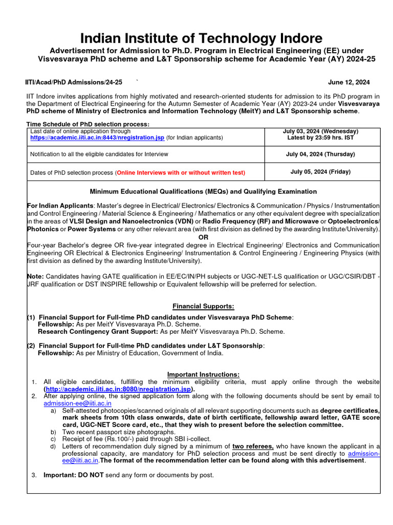 EE - PHD Advert - Visveswaraya and L&T - 2024 - Final | PDF | Doctor Of Philosophy | Electrical ...