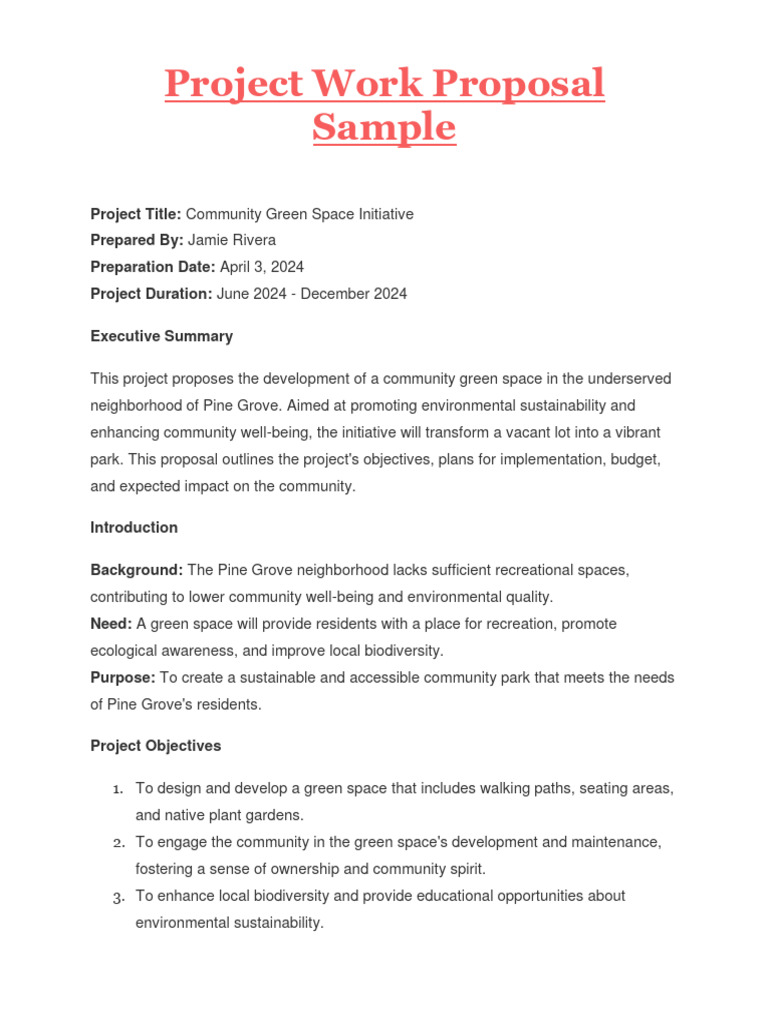 Project Work Proposal Sample | PDF | Sustainability | Environmental ...
