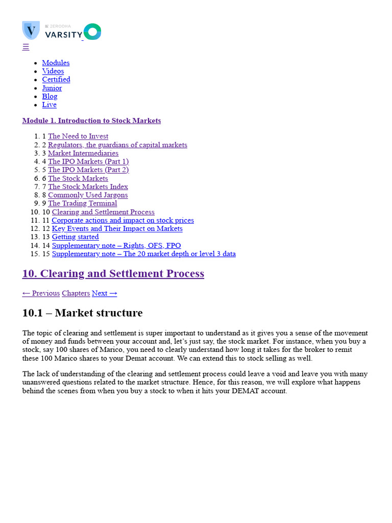 Clearing and Settlement Process - Varsity by Zerodha | PDF | Stocks ...