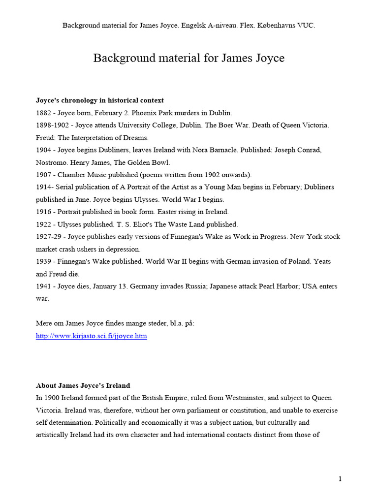 Background Information On Joyce | PDF | James Joyce | A Portrait Of The Artist As A Young Man