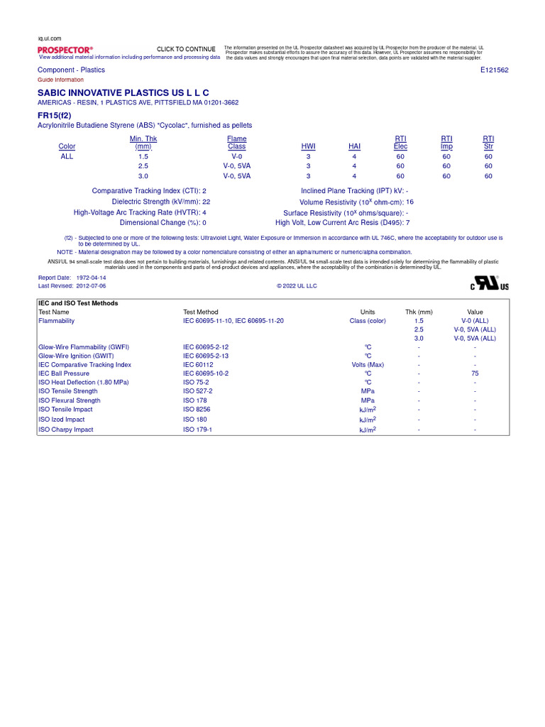 UL Certification - E121562 - Component - Plastics - Cycolac FR15 | PDF ...