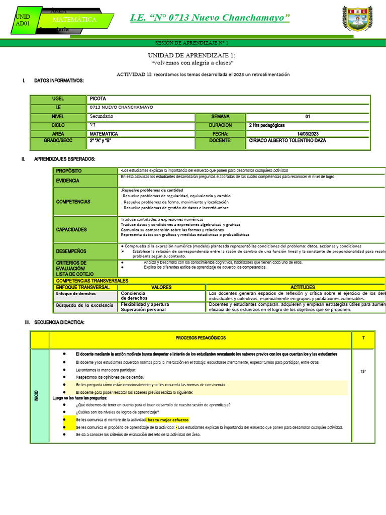 2.SESIÓN DE APRENDIZAJE MATE 14 03 2024 | Descargar gratis PDF | Aprendizaje | Maestros