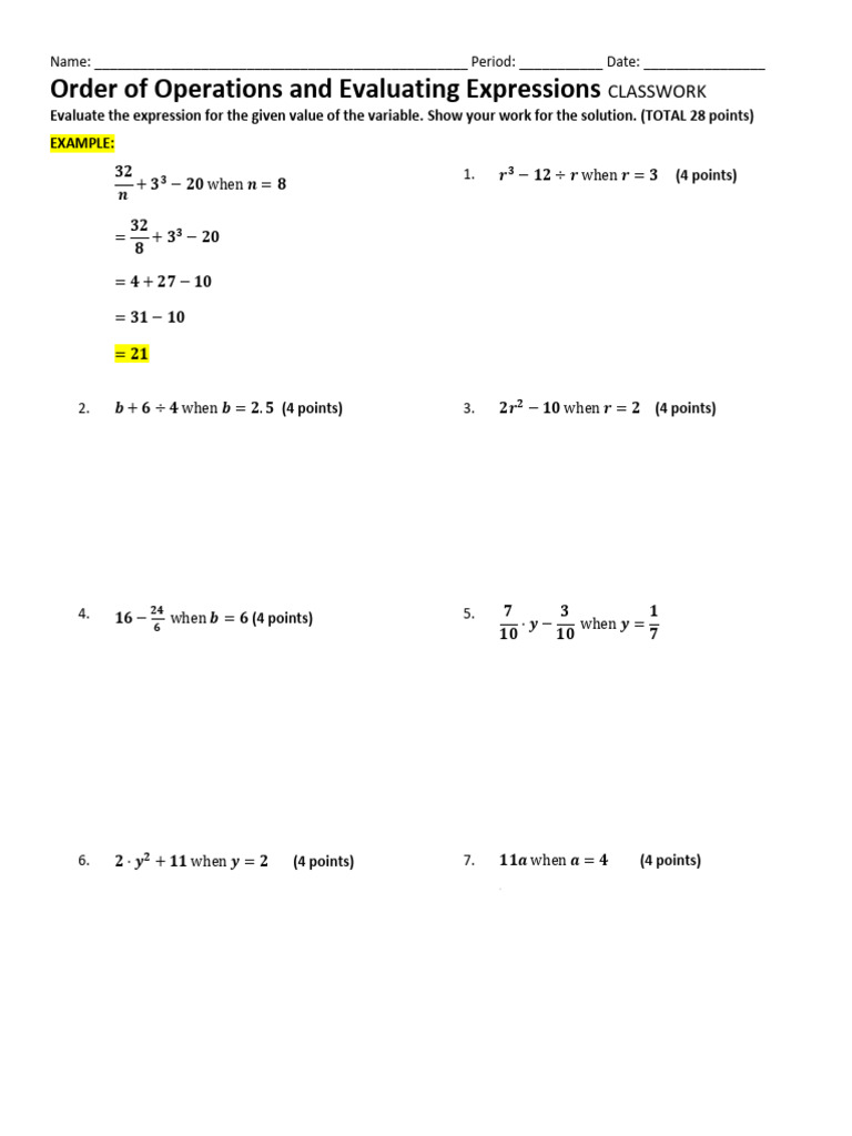Order of Operations and Evaluating Expressions | PDF