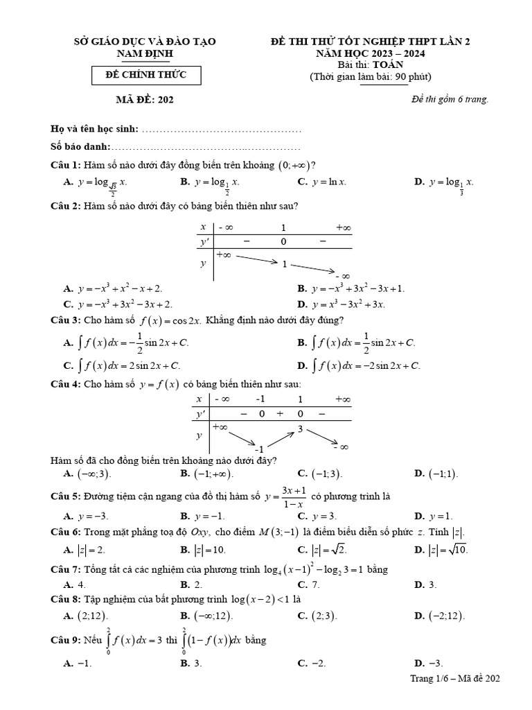 De Thi Thu Tot Nghiep THPT 2024 Mon Toan Lan 2 So GDDT Nam Dinh | PDF