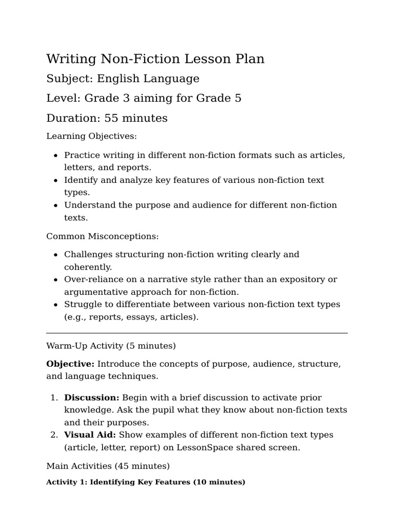 Non-Fiction Writing Lesson Plan | PDF | Non Fiction | Essays