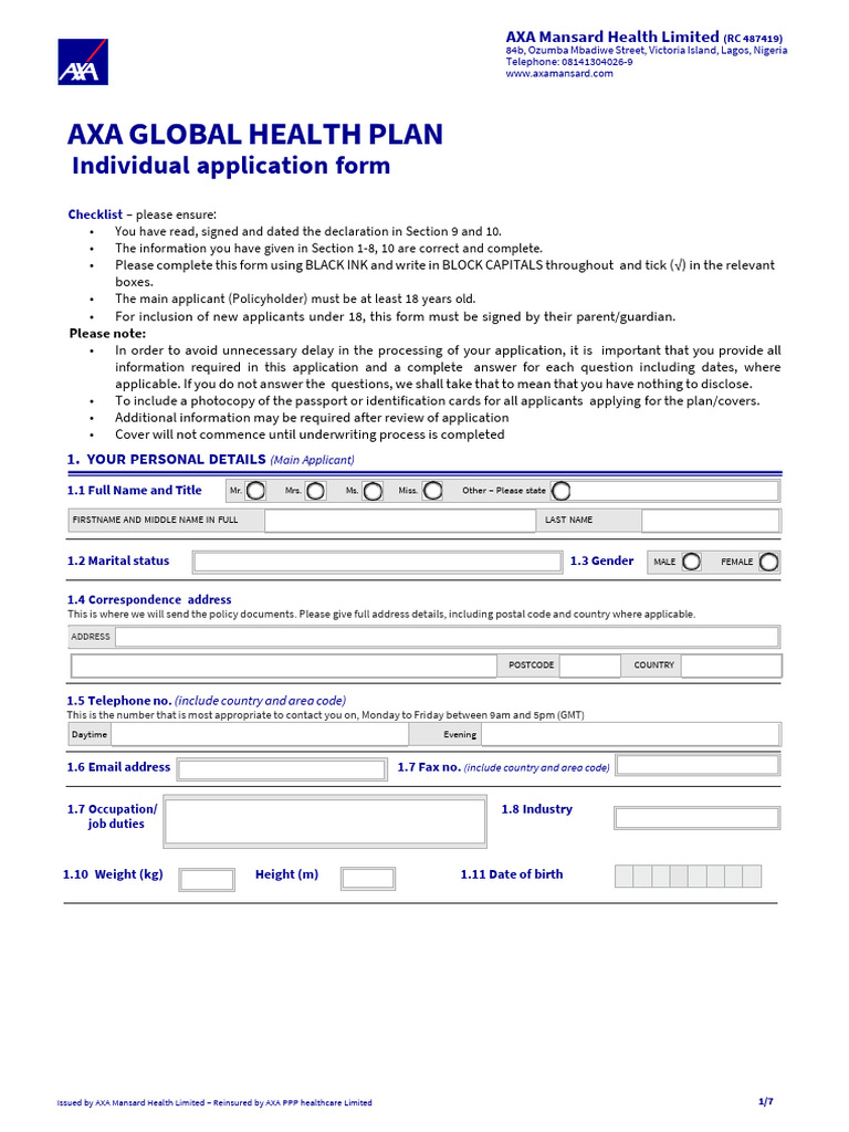 AXA Global Health Plan Application Form | PDF | Debit Card | Credit Card