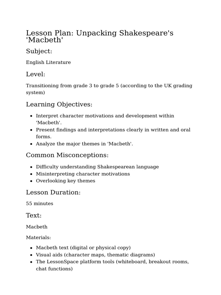 Lesson PLan 1 - English Lit | Download Free PDF | Macbeth | Motivation